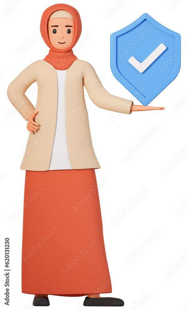 3d muslim woman in hijab holding shield with check mark. Muslim girl in ...
