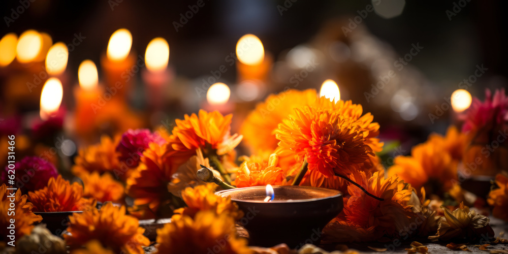 Mexican Folklore: Cempasuchil Flowers and Altar Candles in Cemetery ...