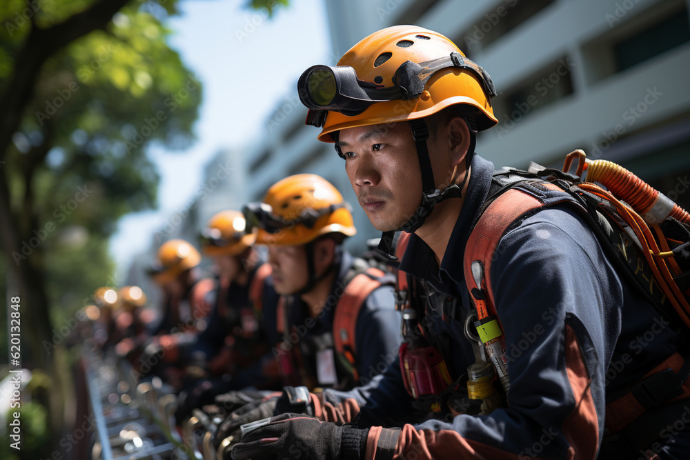 Emergency response team conducting a high-rise building evacuation ...