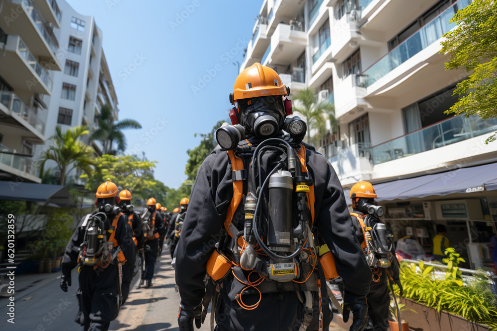 Emergency response team conducting a high-rise building evacuation ...