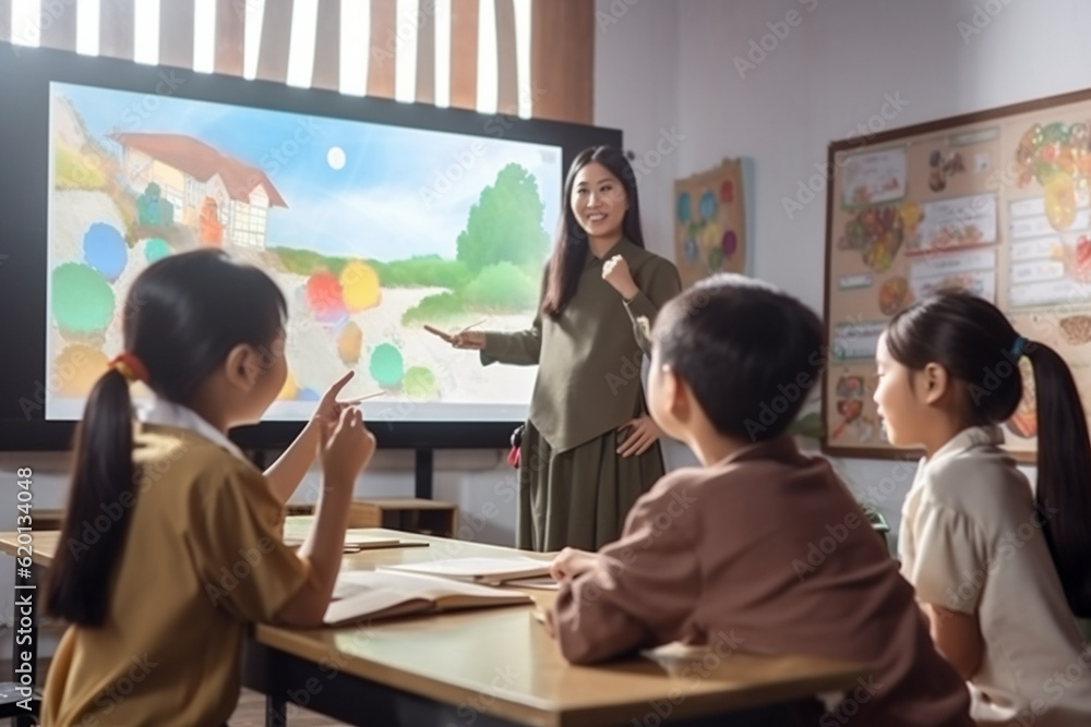 An Asian woman teacher using a projector to display educational content ...