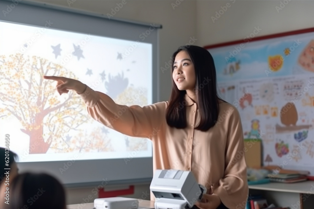 An Asian woman teacher using a projector to display educational content ...