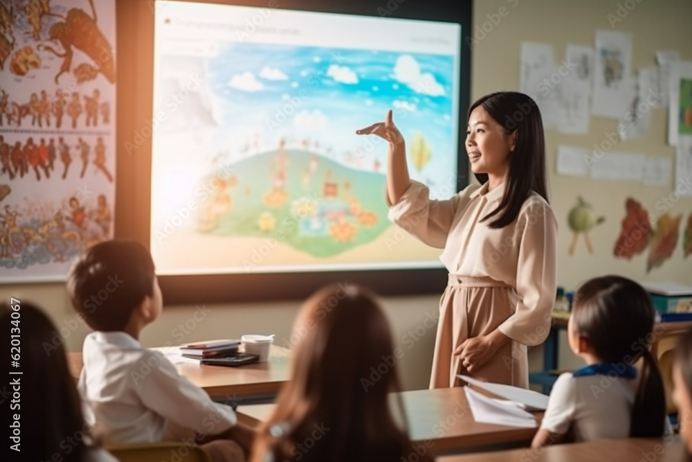 An Asian woman teacher using a projector to display educational content ...