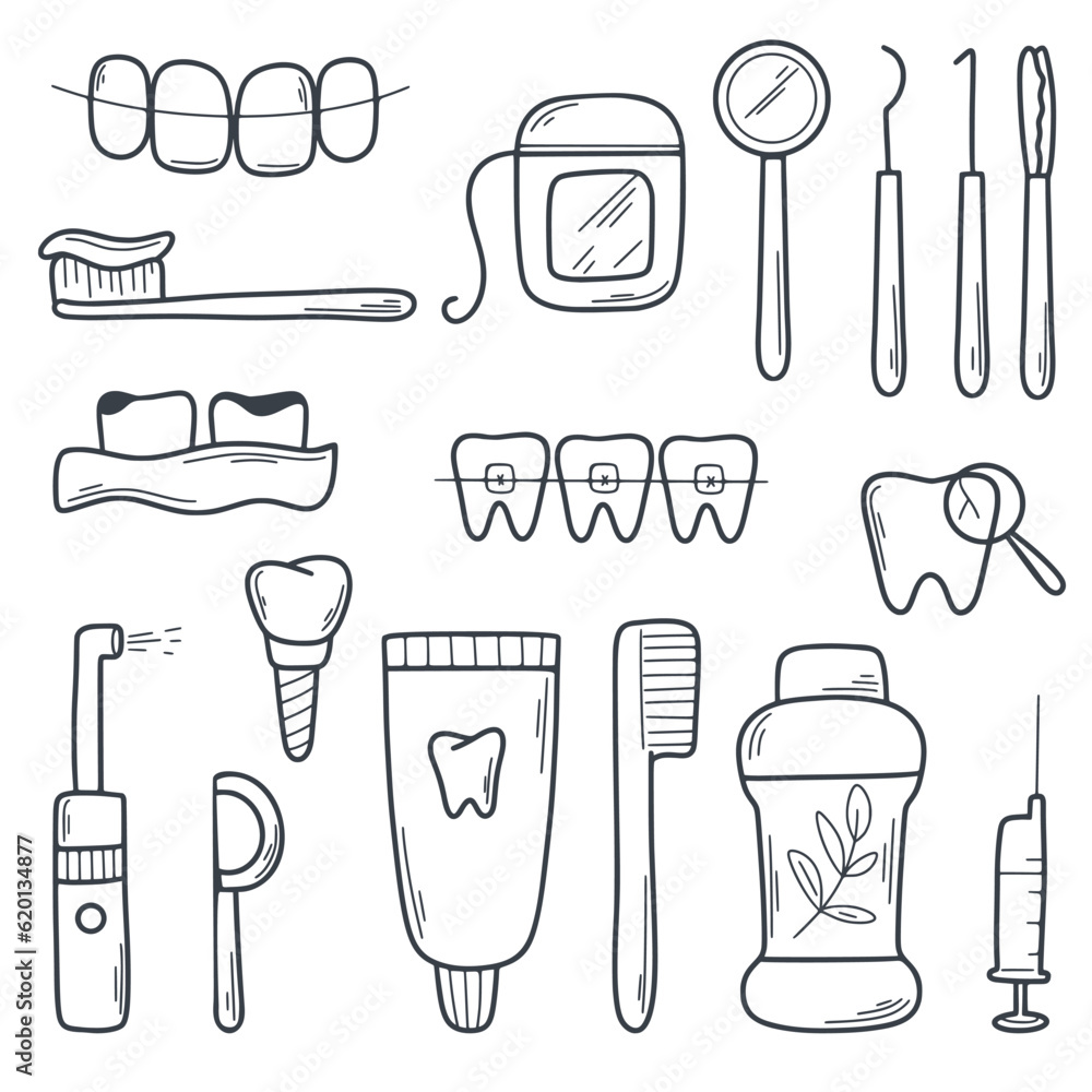 Dentistry set doodle icons. Oral health symbols. Dental instruments ...