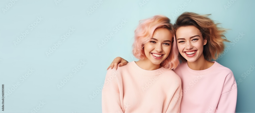 Two young beautiful girls hugging, laughing and smiling against a flat ...