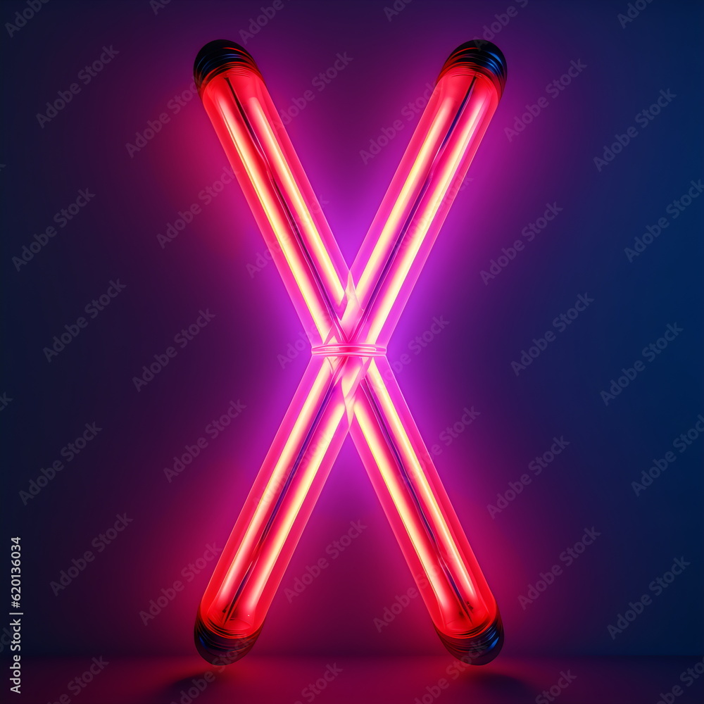 glowing red neon tube X cross isolated on plain blue dark studio ...
