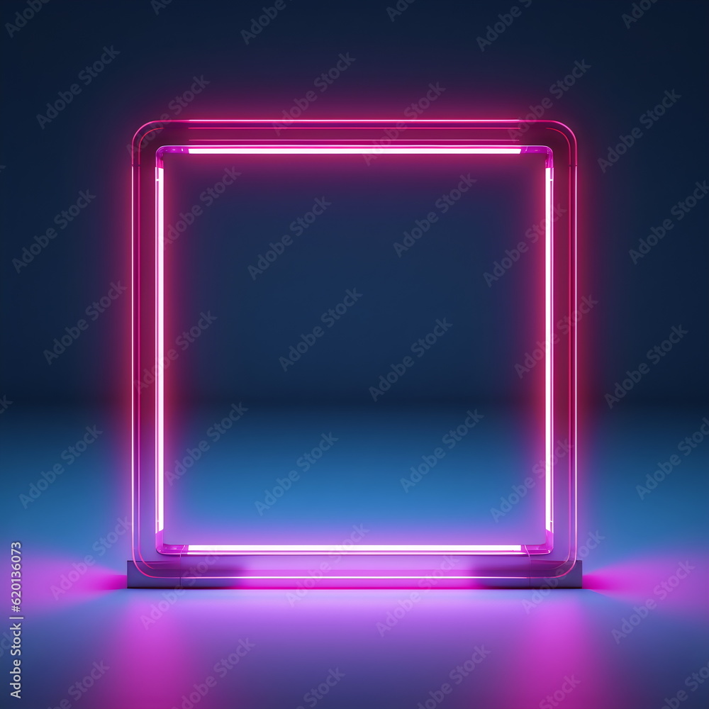 glowing pink neon tube square frame isolated on plain blue dark studio ...
