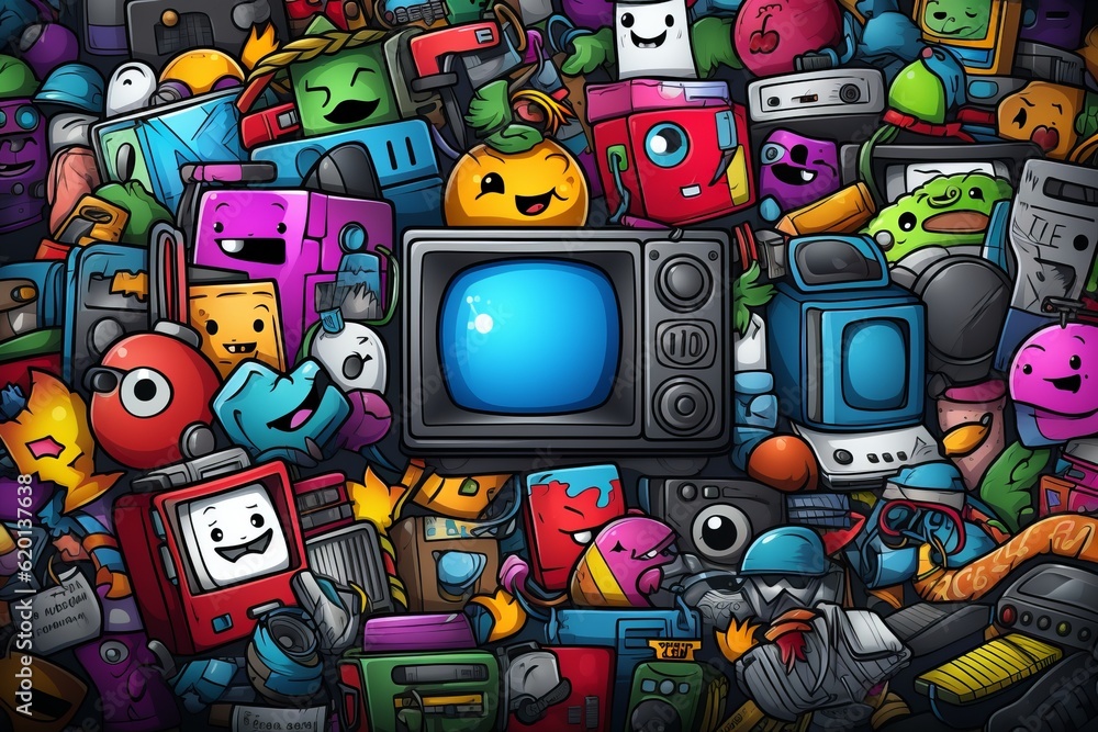 Cartoon Cute Doodles World Television Day Seamless Pattern, Generative AI Stock Illustration ...