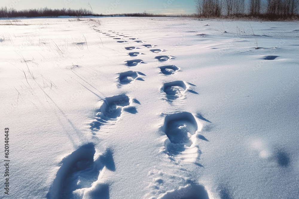 Nature, winter and travel with footsteps in snow for explore ...