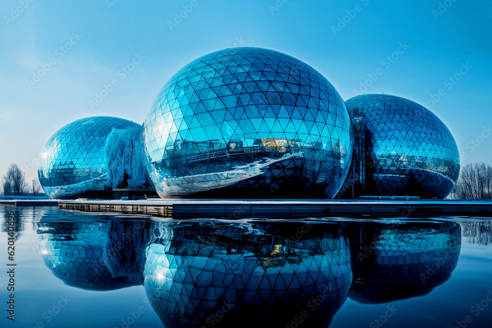 Futuristic, architecture and sci fi with building in city for design ...