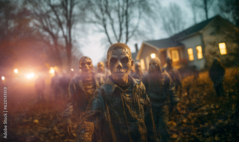 Zombie apocalypse in town, scary walking dead swarm herd roaming ...