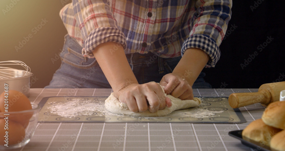 Artisan bread working with dough. Handmade bread kneading in kitchen ...