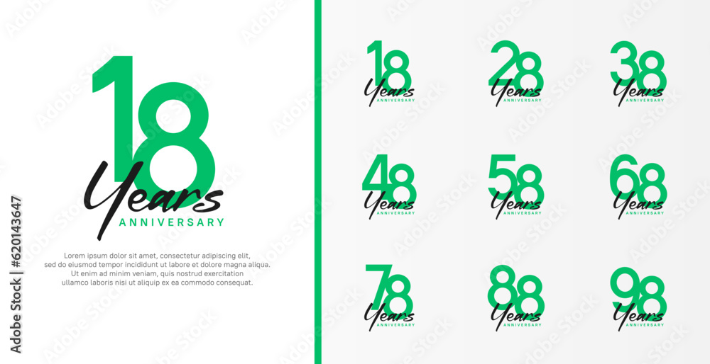 set of anniversary logo flat green color number and black text on white ...