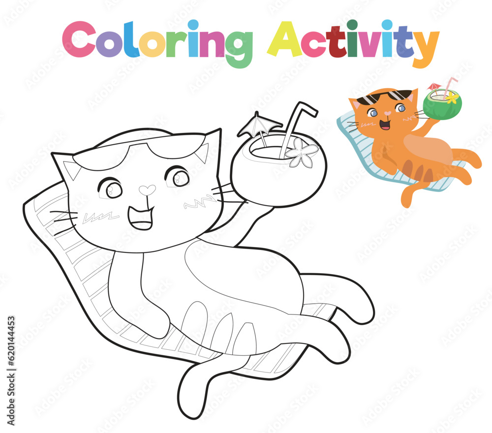 Simple colouring page with summer theme. A cute and kawaii orange cat ...