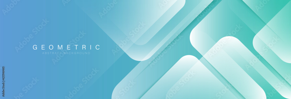 Abstract blue green gradient background with white geometric shapes. Modern overlay transparent ...