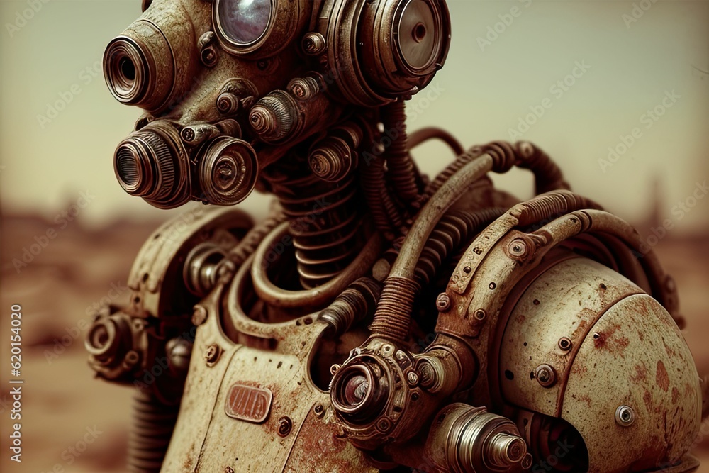 apocalypse broken ruined scrap robot gray sky destroy planet background ...