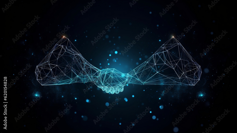 Abstract image of Business handshake in glowing blue. Low polygon ...