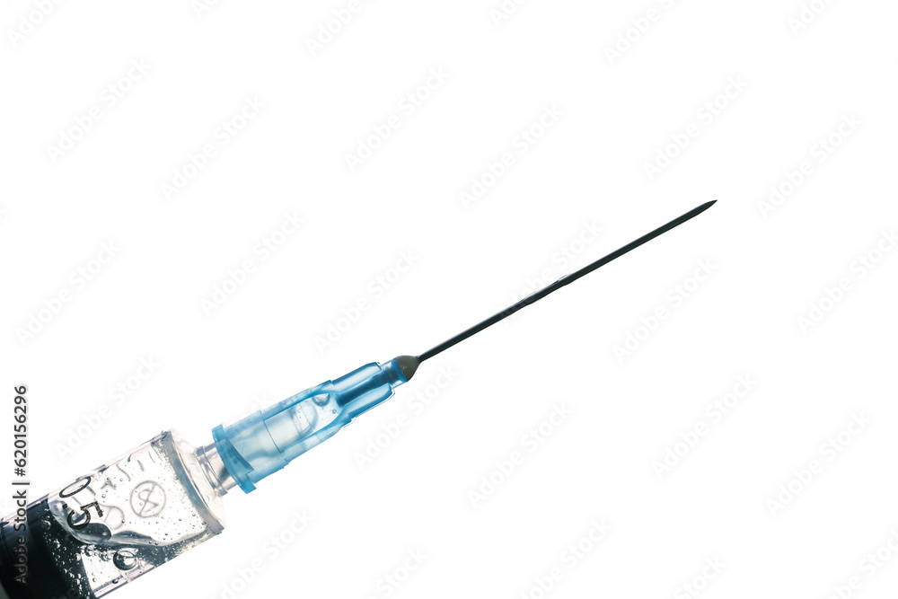 Medical syringe close-up with clear liquid on white background. Side ...