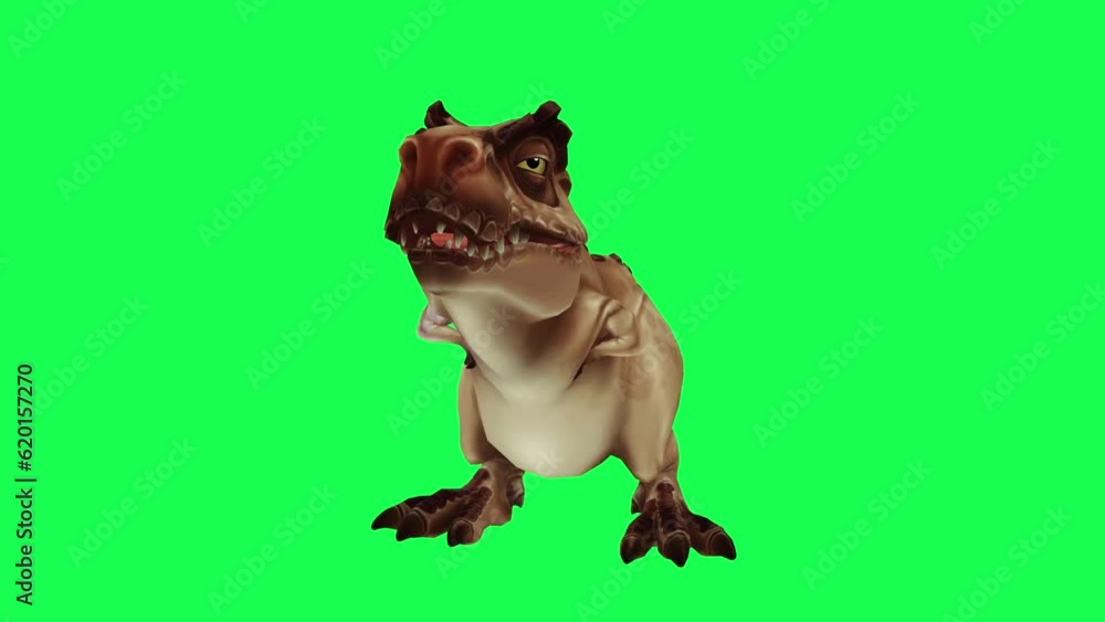 Lazy dinosaur cartoon character shaking his head in green screen chroma ...