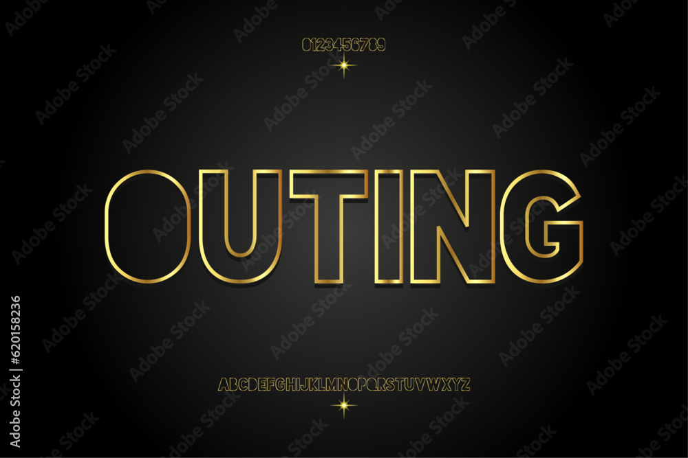 OUTING, Elegant golden alphabet letters font set. Classic Custom gold ...