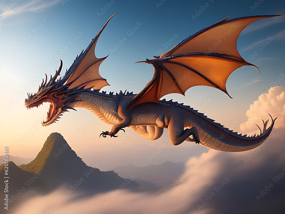 colossal, ancient dragon perches on a mountaintop, with a vast ...