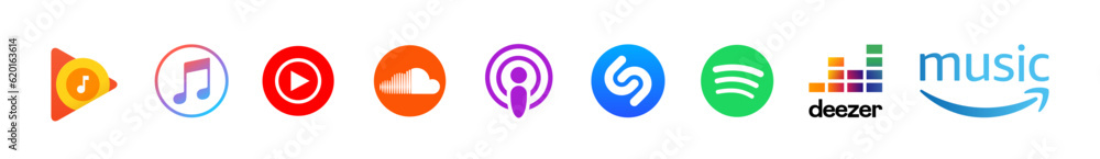 Popular Music Streaming Service Buttons Set: Apple Music, Spotify ...