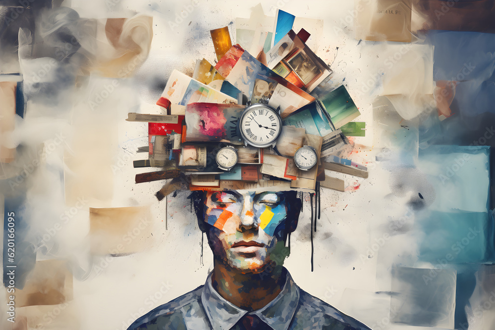 A man with a time clock on their head with all of their education books ...