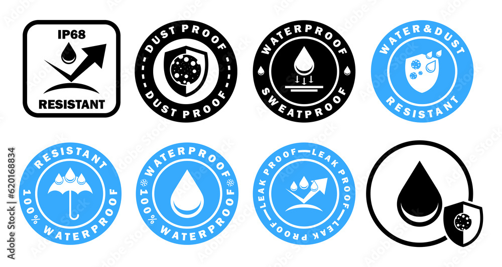 Water, dust, leak proof vector badges isolated on white. Water and dust ...