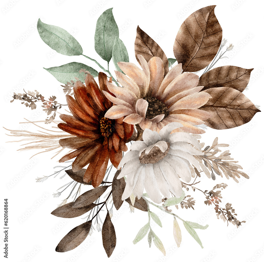 Autumn Flower and Leaves Bouquet Watercolor Stock Illustration | Adobe ...