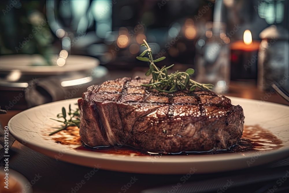 Foto de Gourmet Grilled Steak. Closeup on Beef Meat Plated to ...