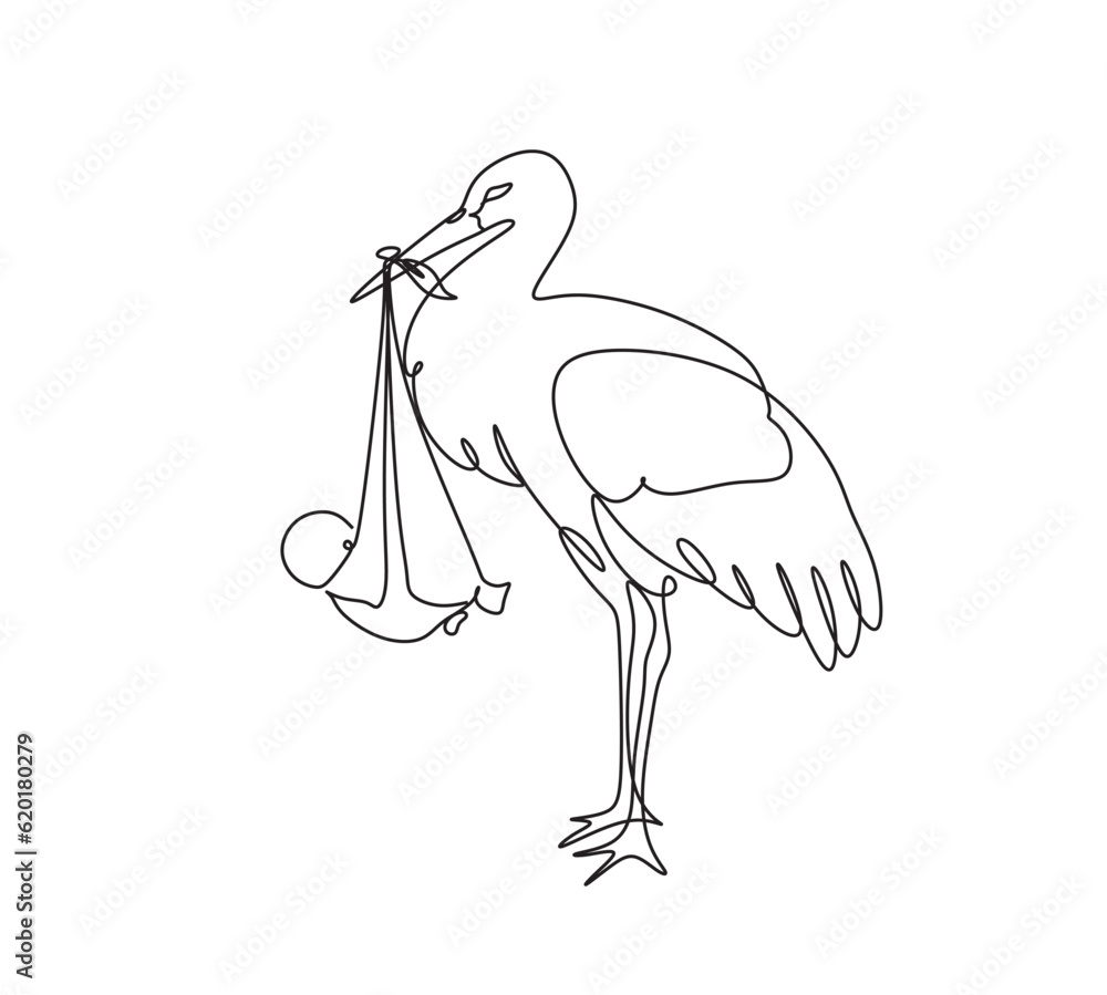 Stork delivering baby. Continuous line art drawing. Stork landing with ...