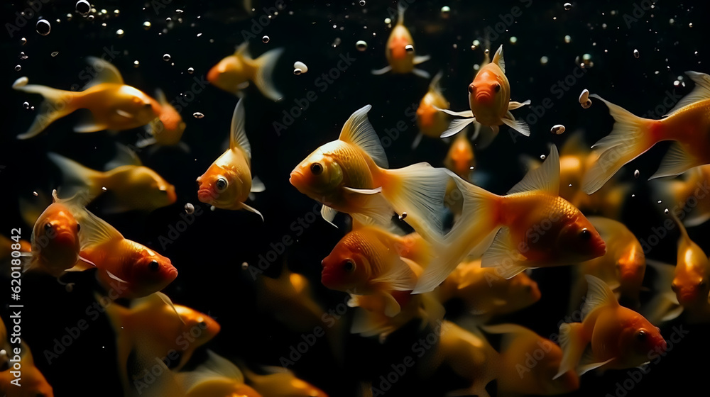 A mesmerizing scene unfolds as a shoal of goldfish swims in perfect ...