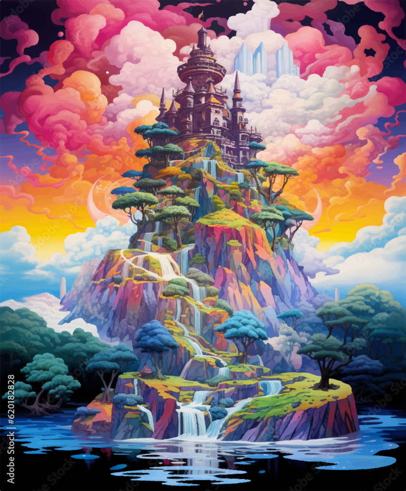 A colorful anime concept art castle perched atop a mountain, surrounded ...