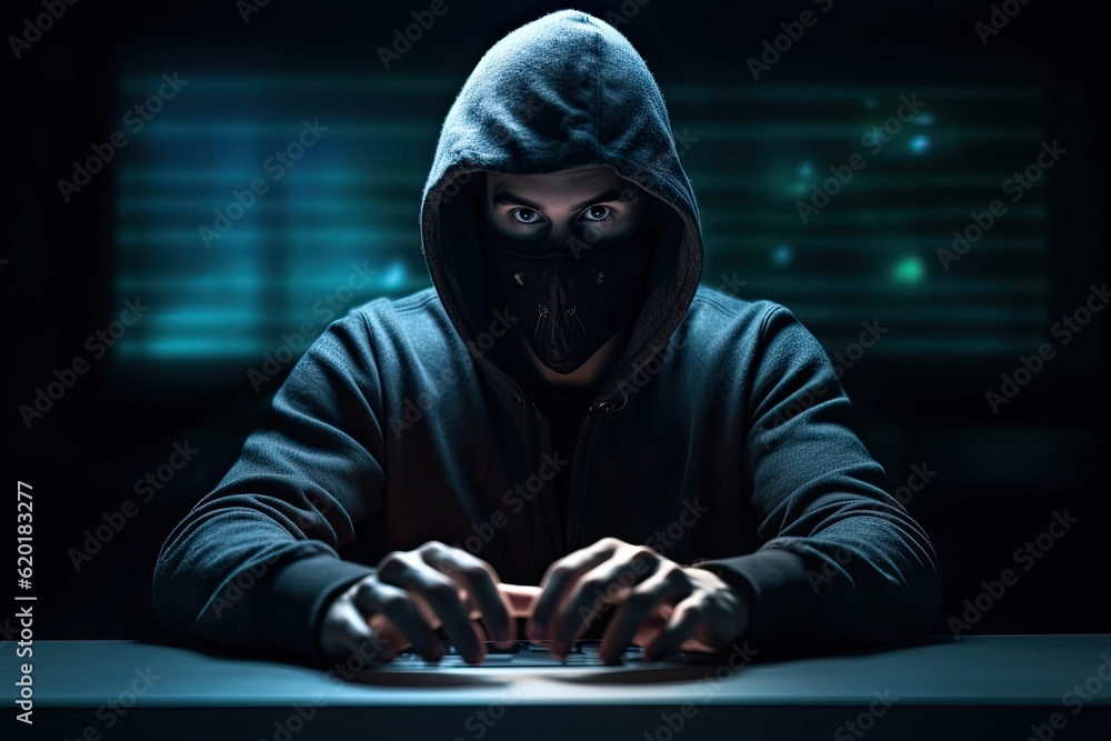 Black hood hacker with mask force demands ransom by holding out his hand on table where ...