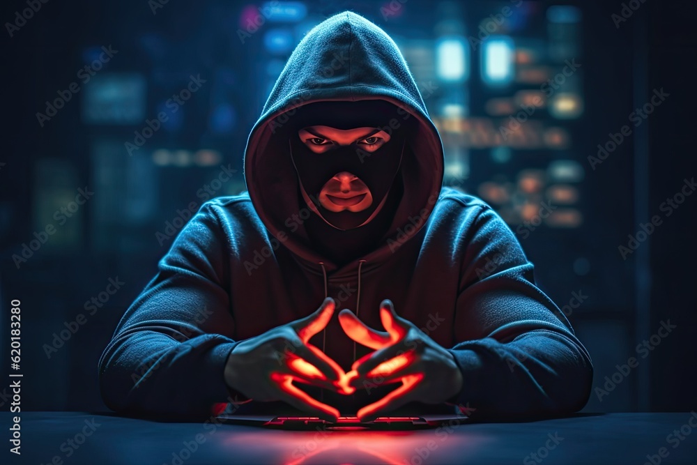 Black hood hacker with mask force demands ransom by holding out his ...