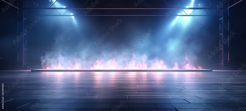 fire orange blue stage with spotlights shine on floor in dark room ...