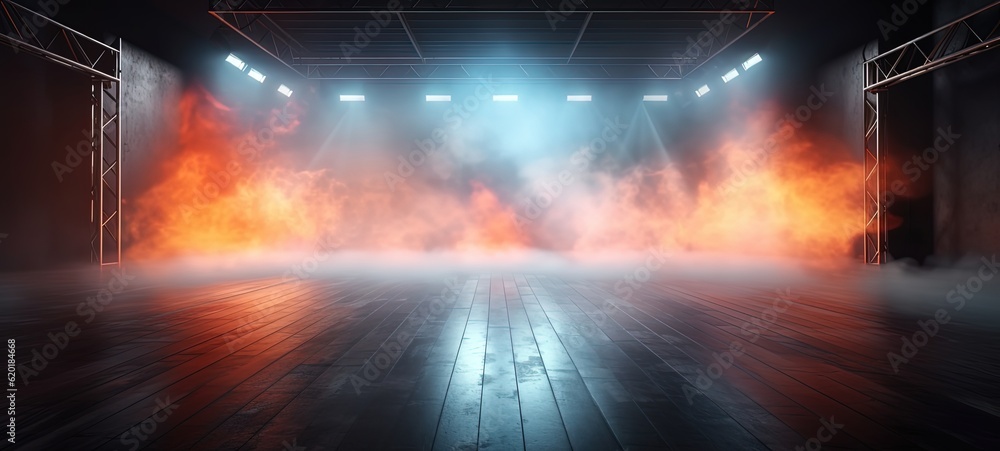 fire orange blue stage with spotlights shine on floor in dark room ...