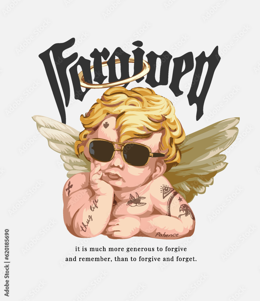 forgiven slogan with baby angel wearing sunglasses and tattooed vector ...