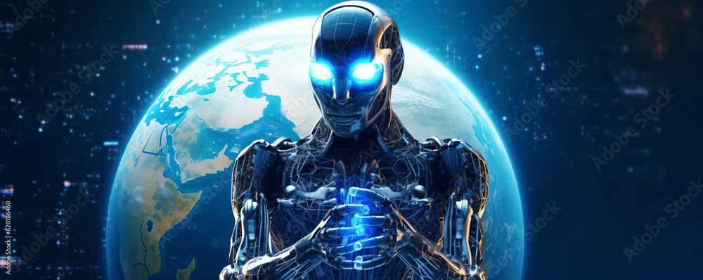Cyborg humanoid robot in front of planet earth 3D rendering elements of ...