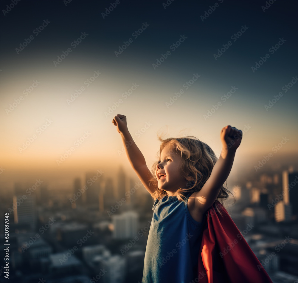 Superhero little girl on building top in the city celebrating success ...