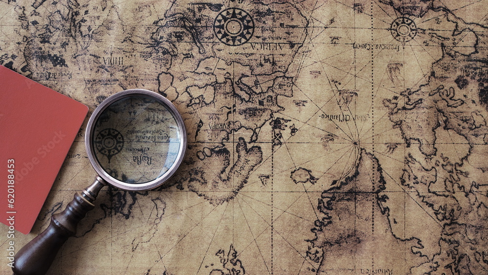 Magnifying glass and an ancient old map,Old map with an magnifying ...