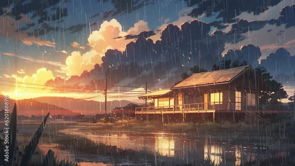 A rural Japanese house with the storm could and rain in the style of ...