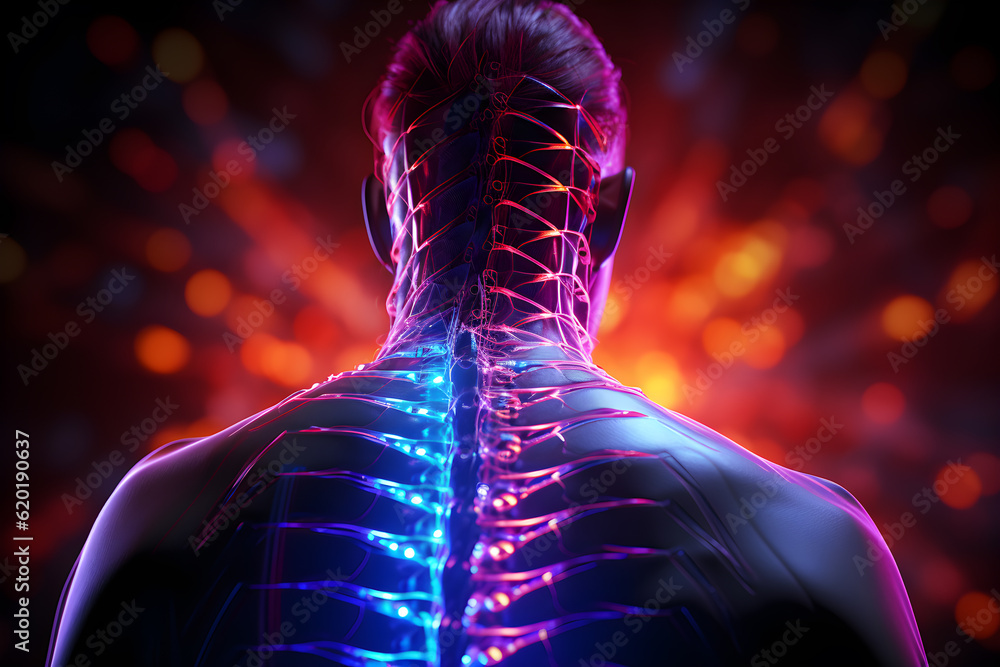 3D render of a human body with a spine and nerve x-ray section ...