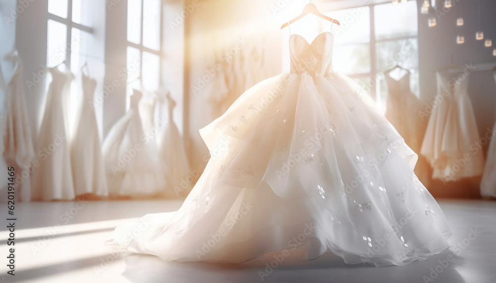 Closeup white wedding dress in bridal salon room background. Banner ...