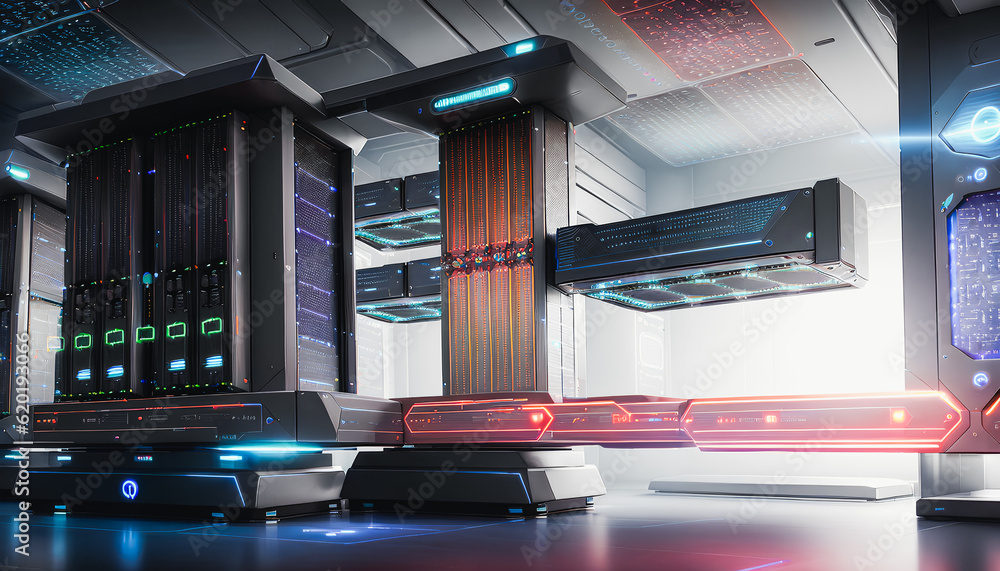 Futuristic server room and quantum computers,, data processing ...