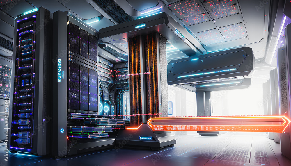 Futuristic server room and quantum computers,, data processing, artificial intelligence ...