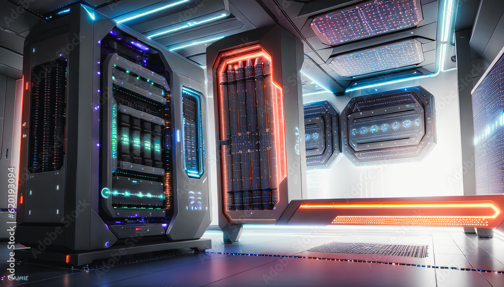 Futuristic server room and quantum computers,, data processing, artificial intelligence ...