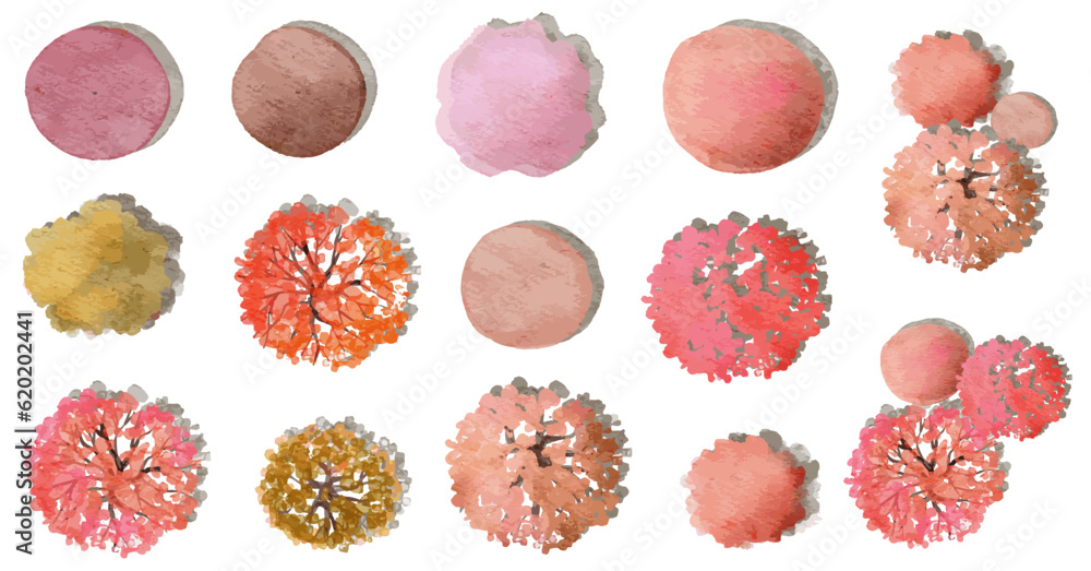 Vector watercolor of blooming tree top view isolated on white ...