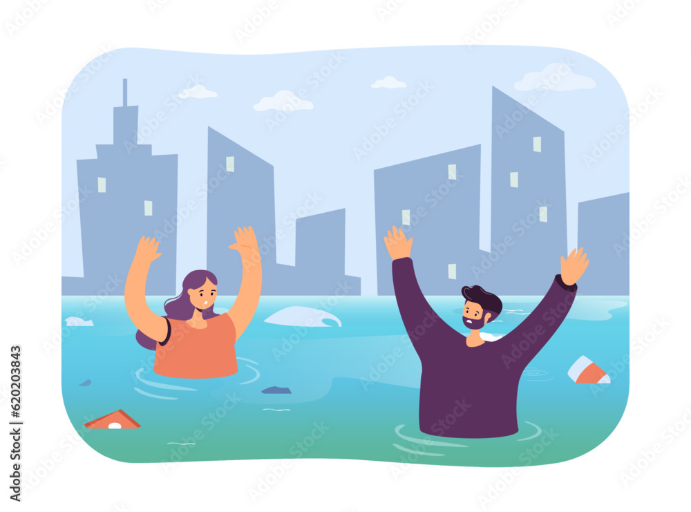 Upset man and woman in water due to flood vector illustration. Cartoon ...