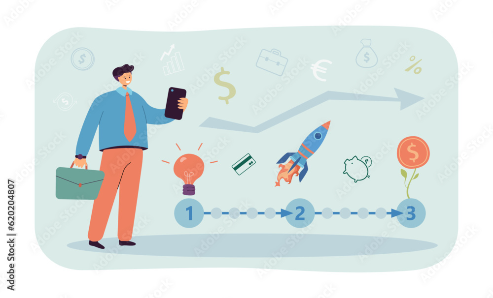 Businessman and business development stages vector illustration ...